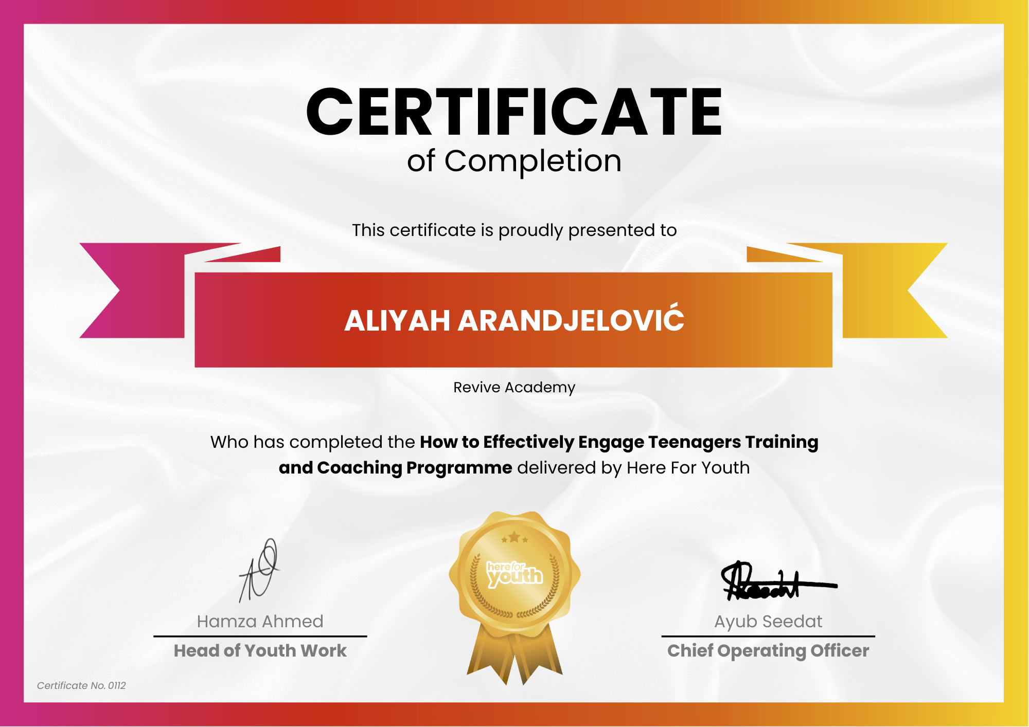 Certificate Of Completion – Here For Youth